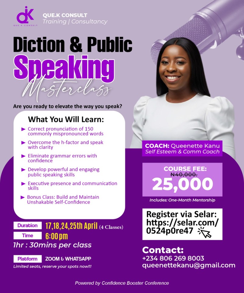 Buy DICTION & PUBLIC SPEAKING MASTERCLASS by Queenette Kanu on Selar